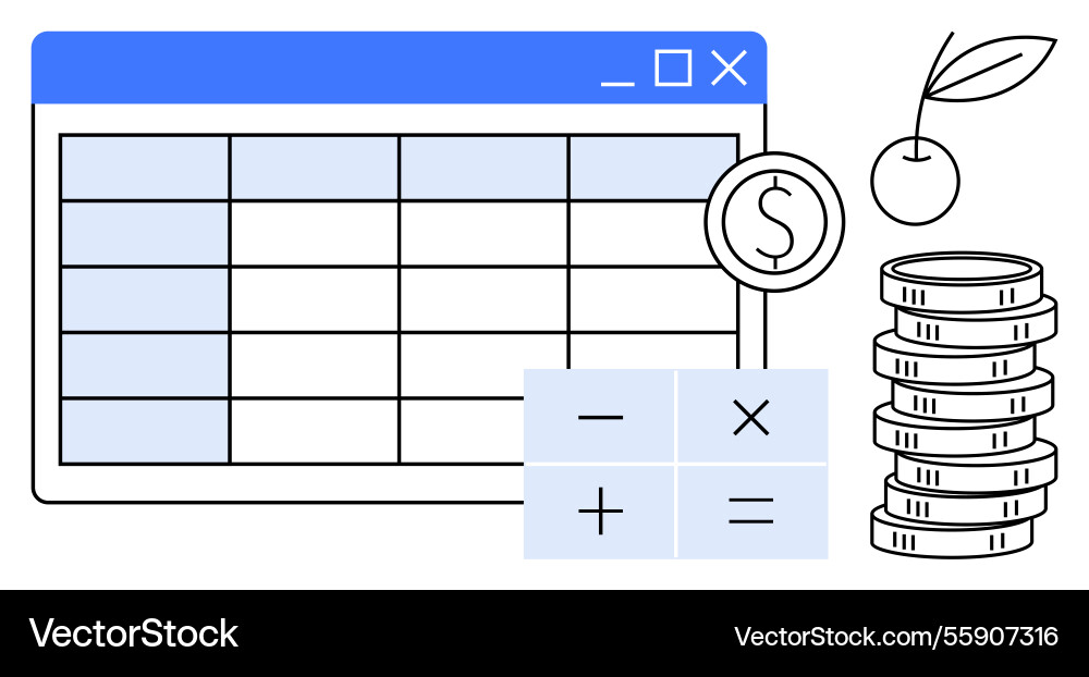 Financial spreadsheet with coins calculator Vector Image