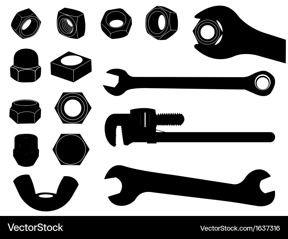Screw and Nut with Wrench Set Royalty Free Vector Image
