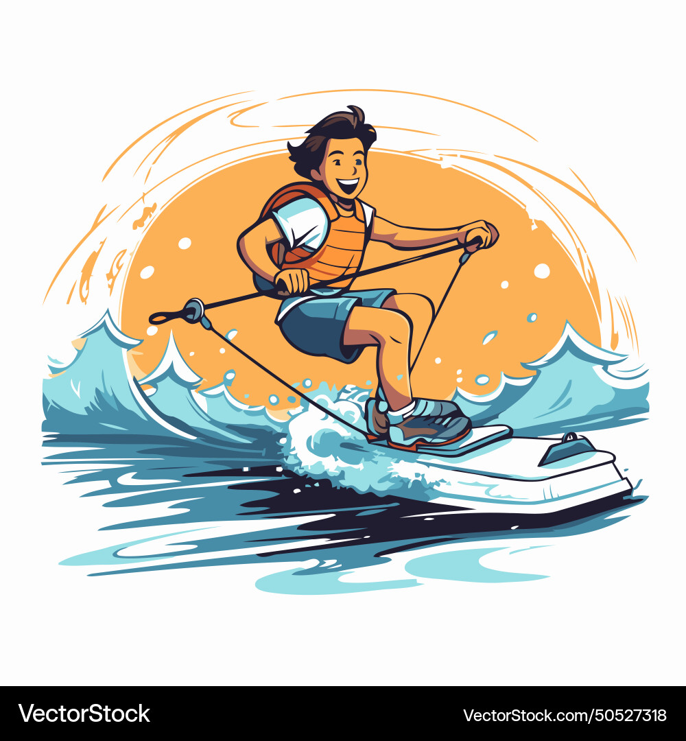 Man riding a wakeboard on the waves cartoon Vector Image