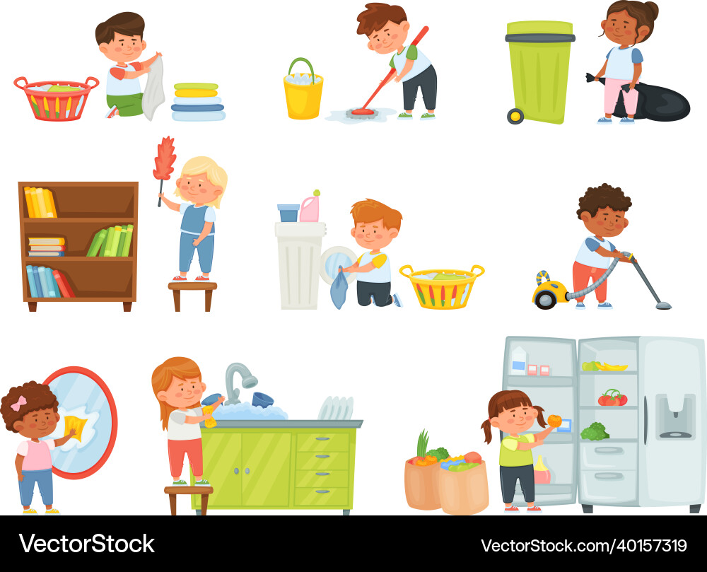 Cartoon kids doing housework children helping Vector Image