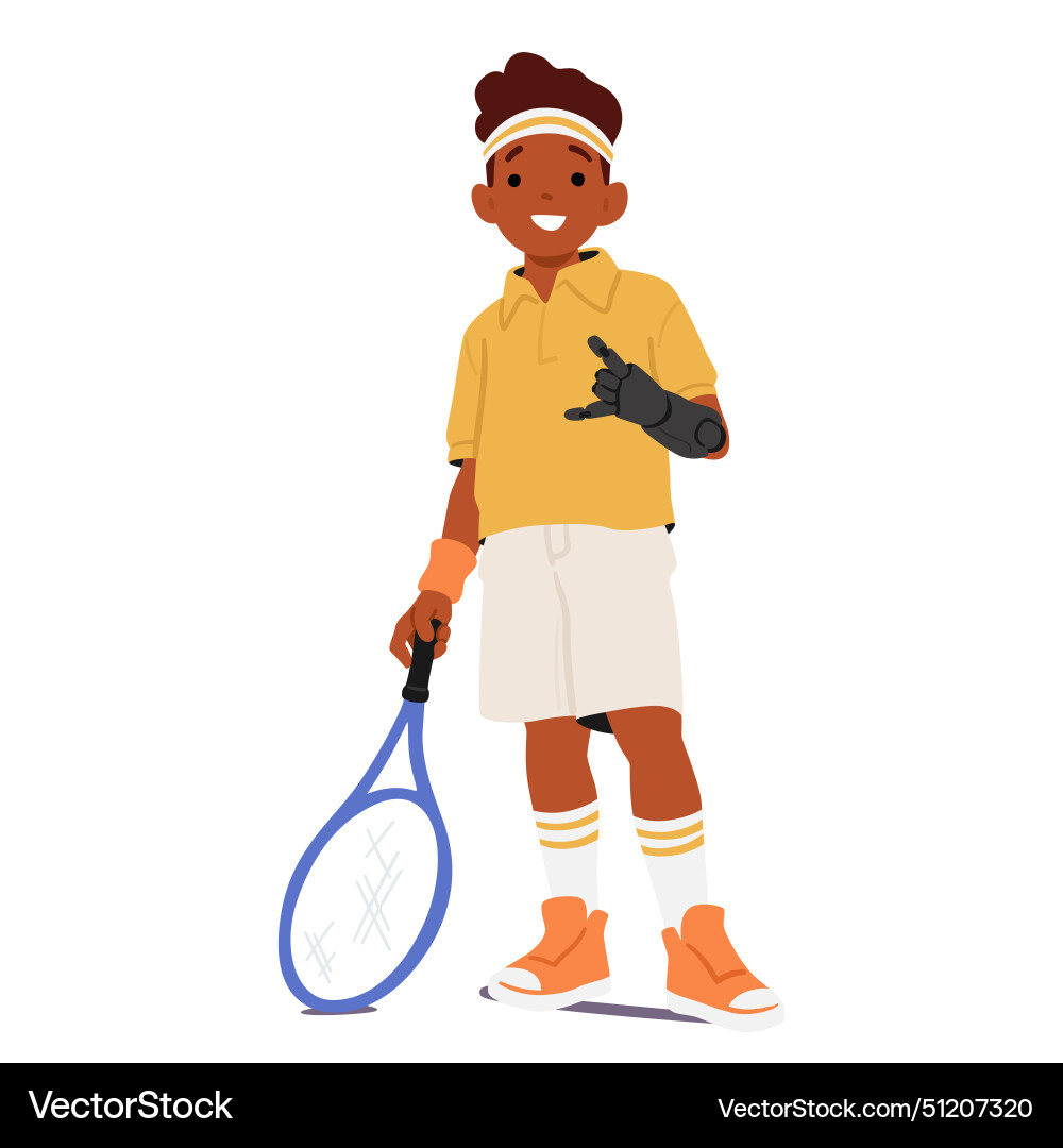 Confident child with a prosthetic arm stands ready