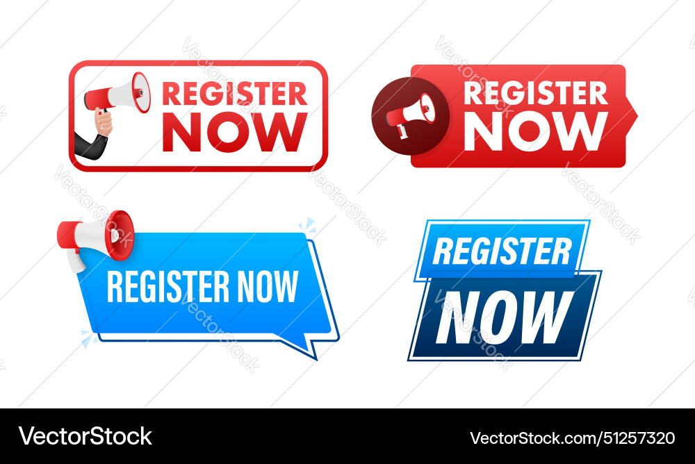 Register now text with megaphone label set Vector Image