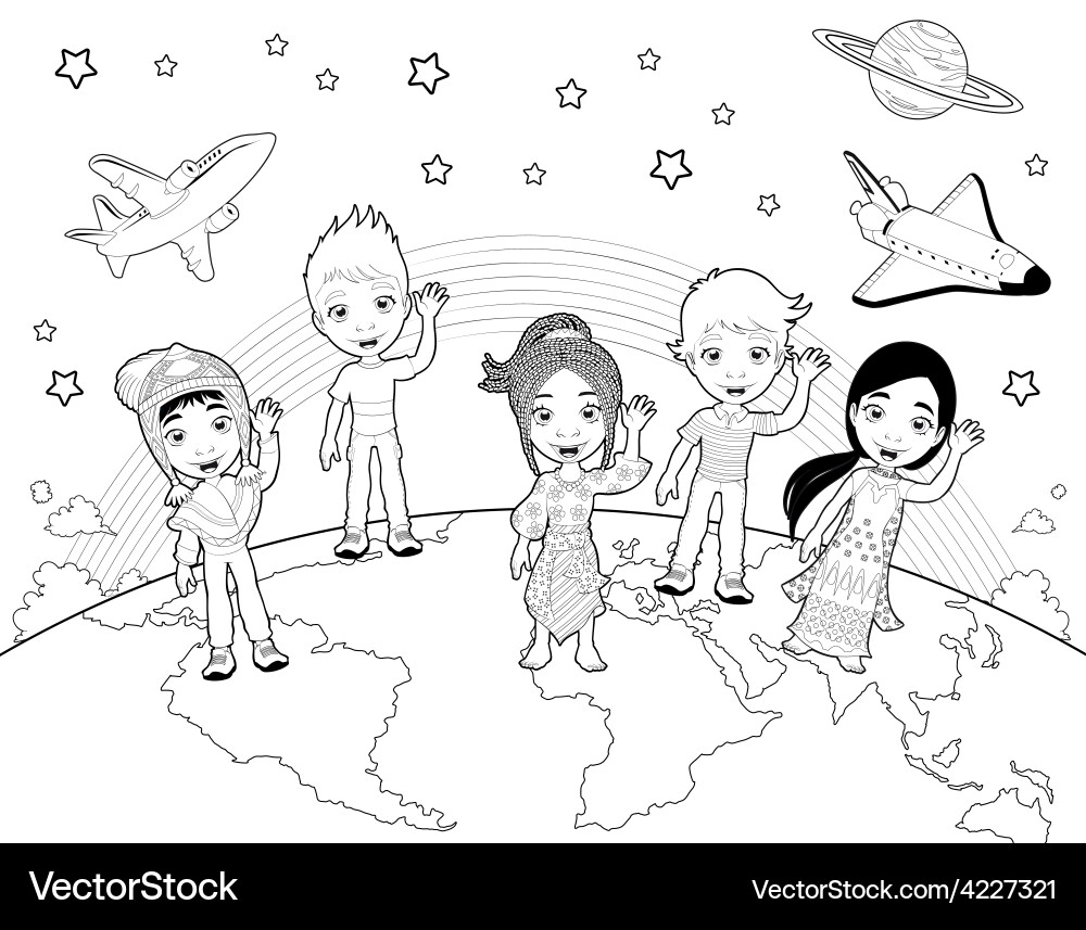 Children on the world in black and white Vector Image