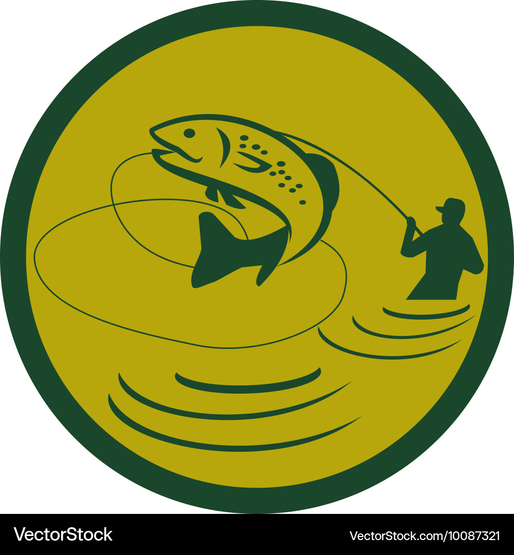 Trout jumping fly fisherman circle retro Vector Image