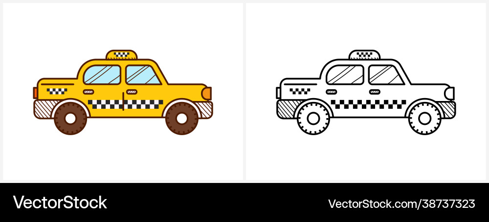 Taxi cab coloring book yellow side Royalty Free Vector Image