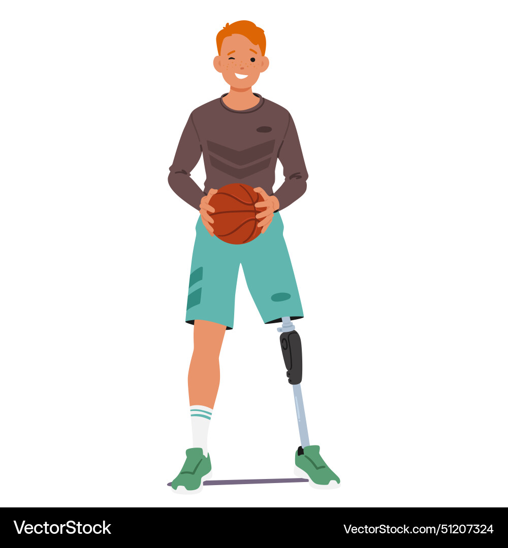 Young athlete with a prosthetic leg holds Vector Image