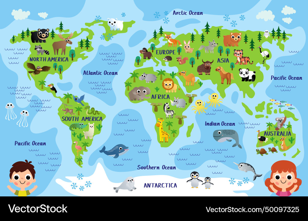 Children world map with animals Royalty Free Vector Image