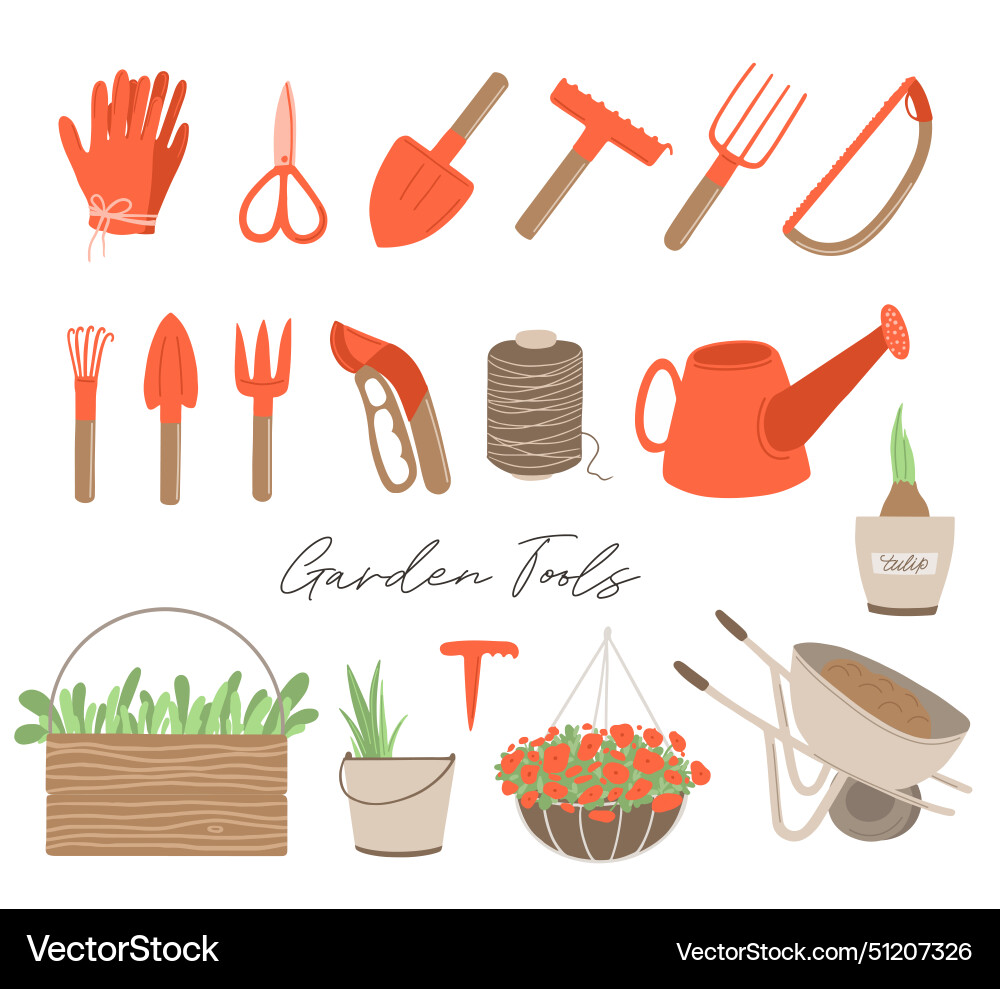 Gardening tools set in hand drawn style Royalty Free Vector