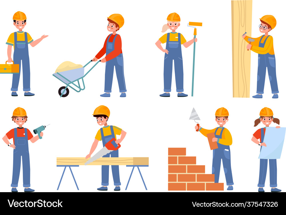 Kids builders young engineers in uniform Vector Image