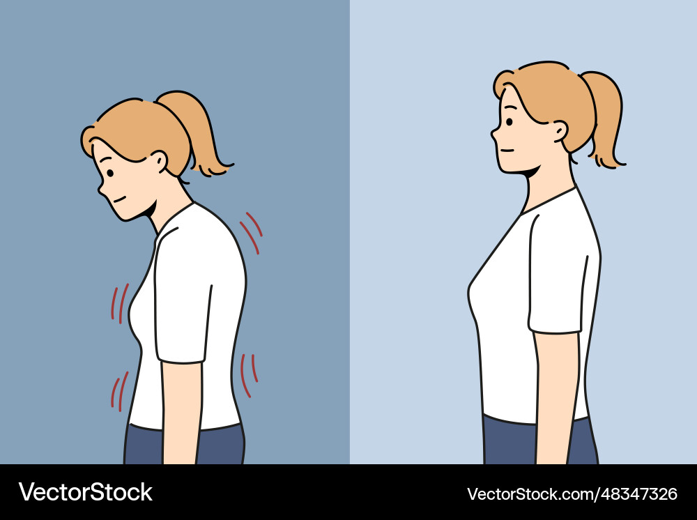 Stooped woman before and after correcting posture Vector Image