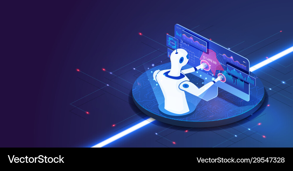 Isometric maintenance robot working with digital Vector Image