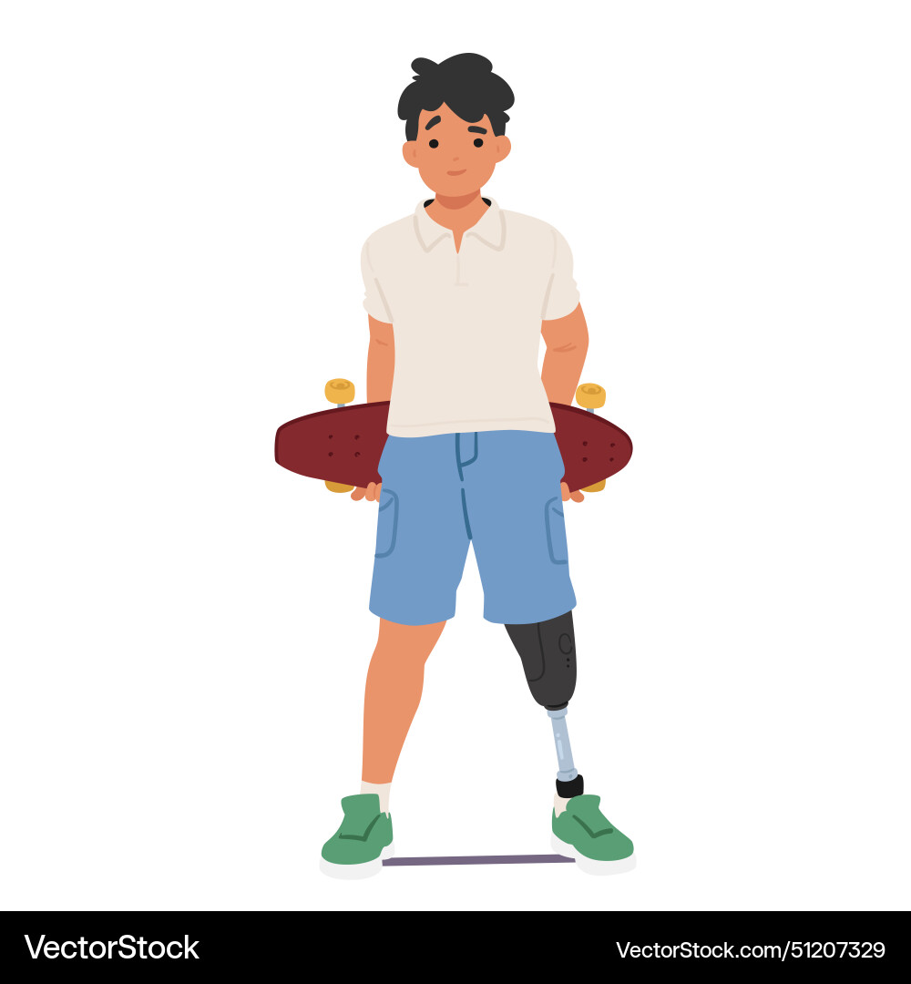 Young boy with a prosthetic leg confidently holds Vector Image