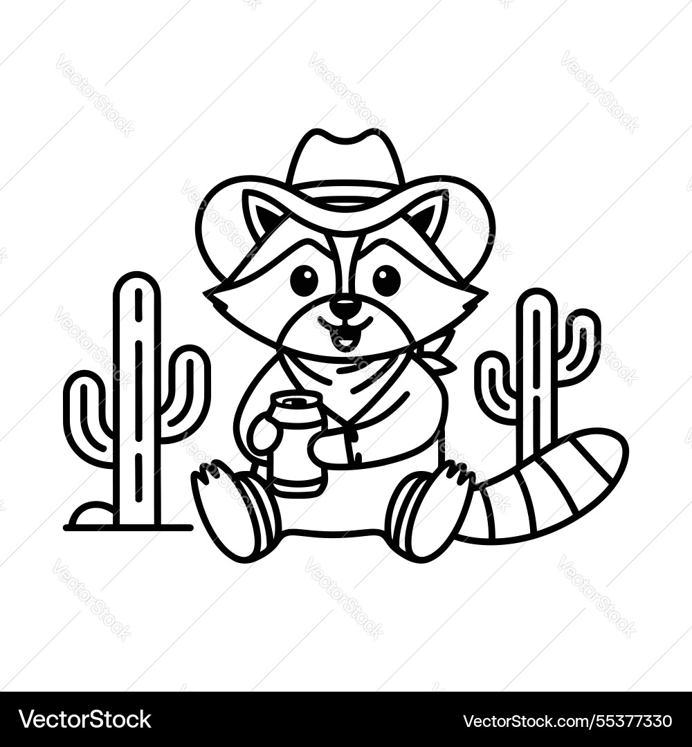 Cowboy raccoon with cactus outline Royalty Free Vector Image