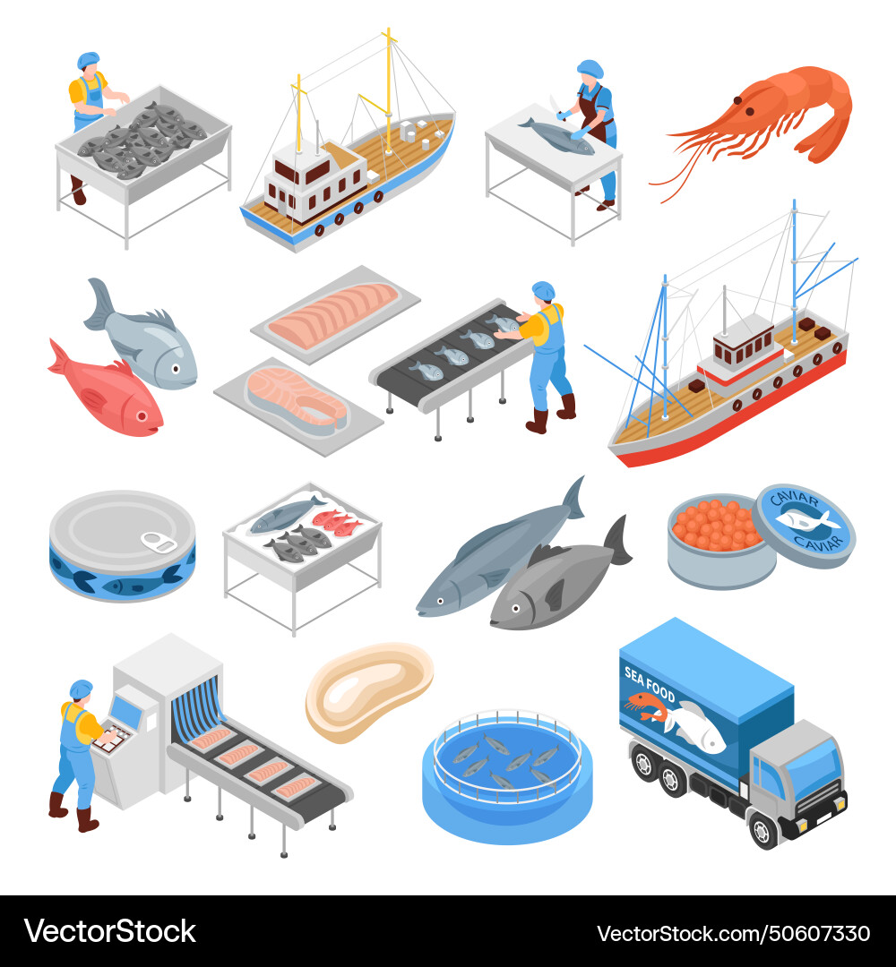 Fishing production isometric set Royalty Free Vector Image
