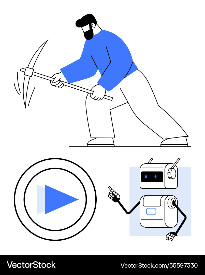 Miner working with pickaxe play button and Vector Image