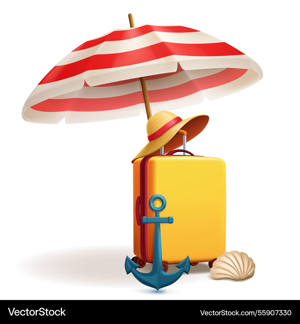 Yellow suitcase with a straw hat umbrella anchor Vector Image