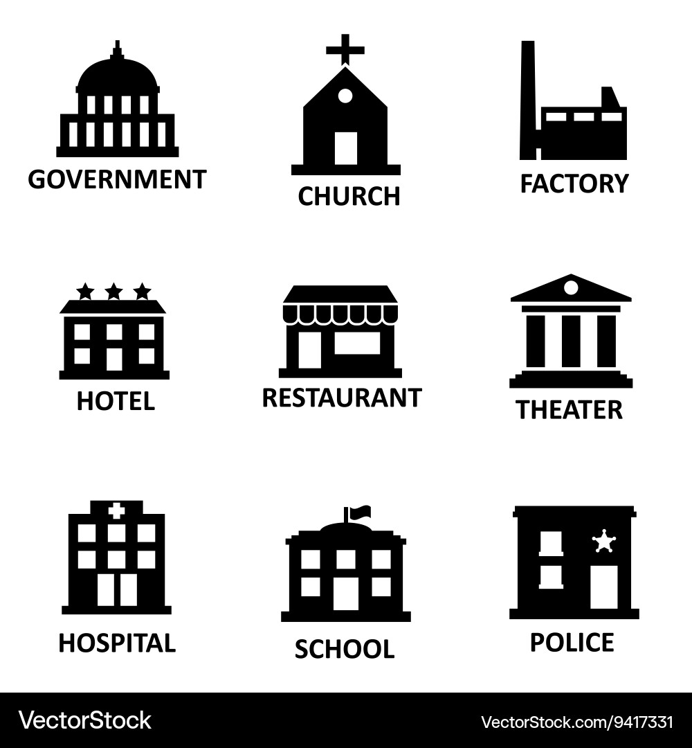 Black government building icons set Royalty Free Vector
