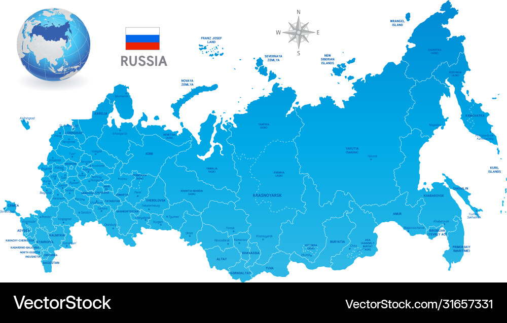 Blue russia administrative map Royalty Free Vector Image