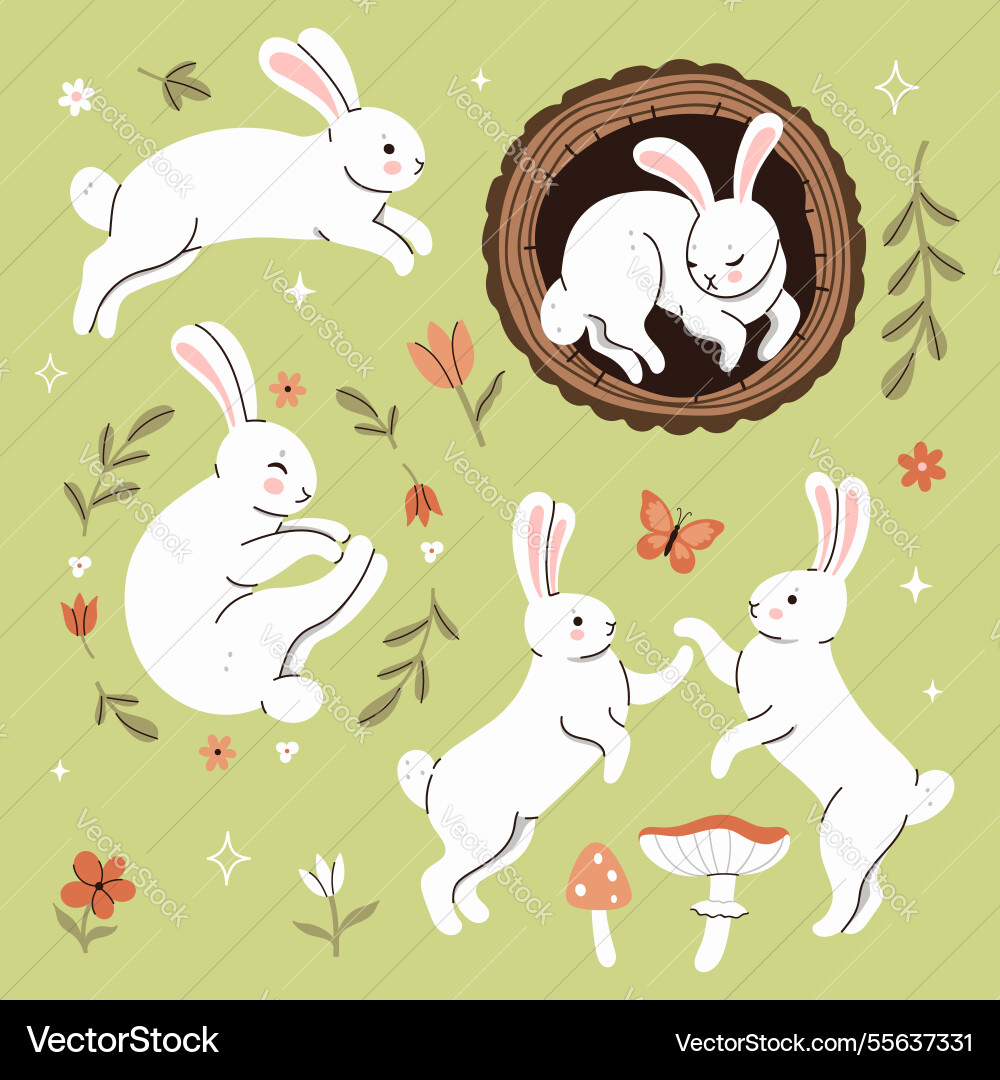 Set of cute white forest rabbits image Royalty Free Vector