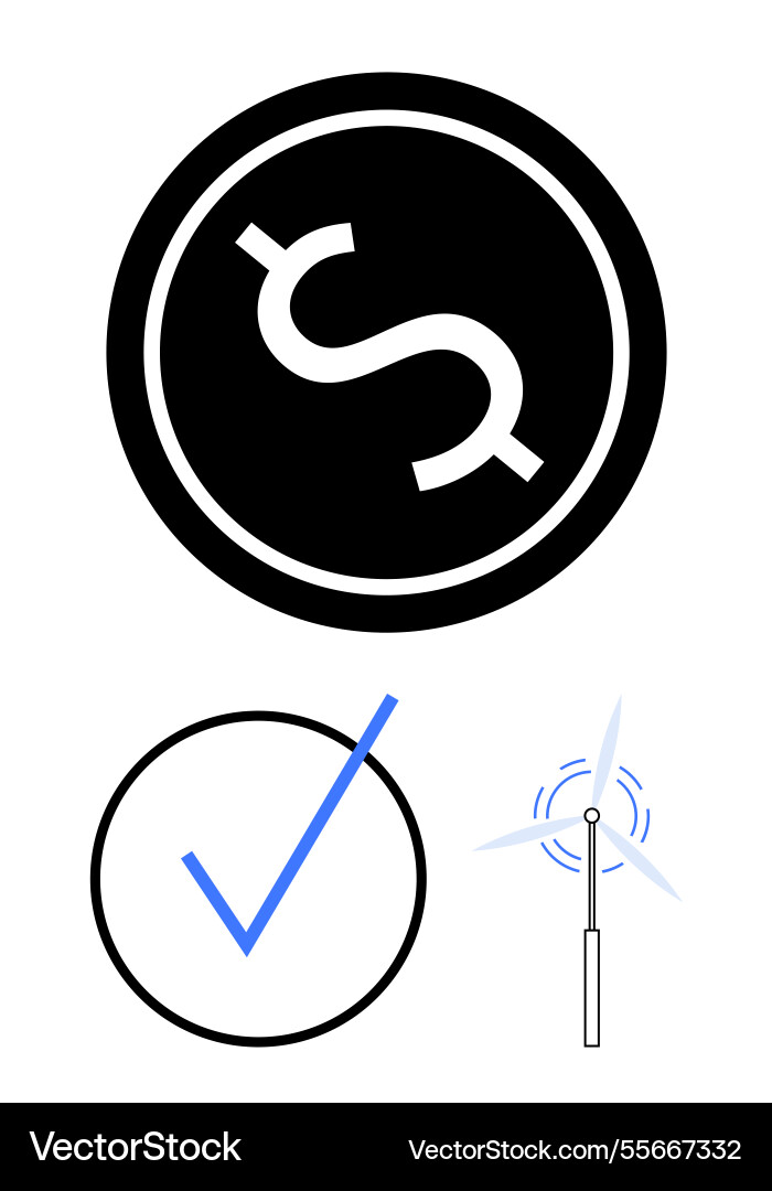 Dollar coin check mark and wind turbine Royalty Free Vector
