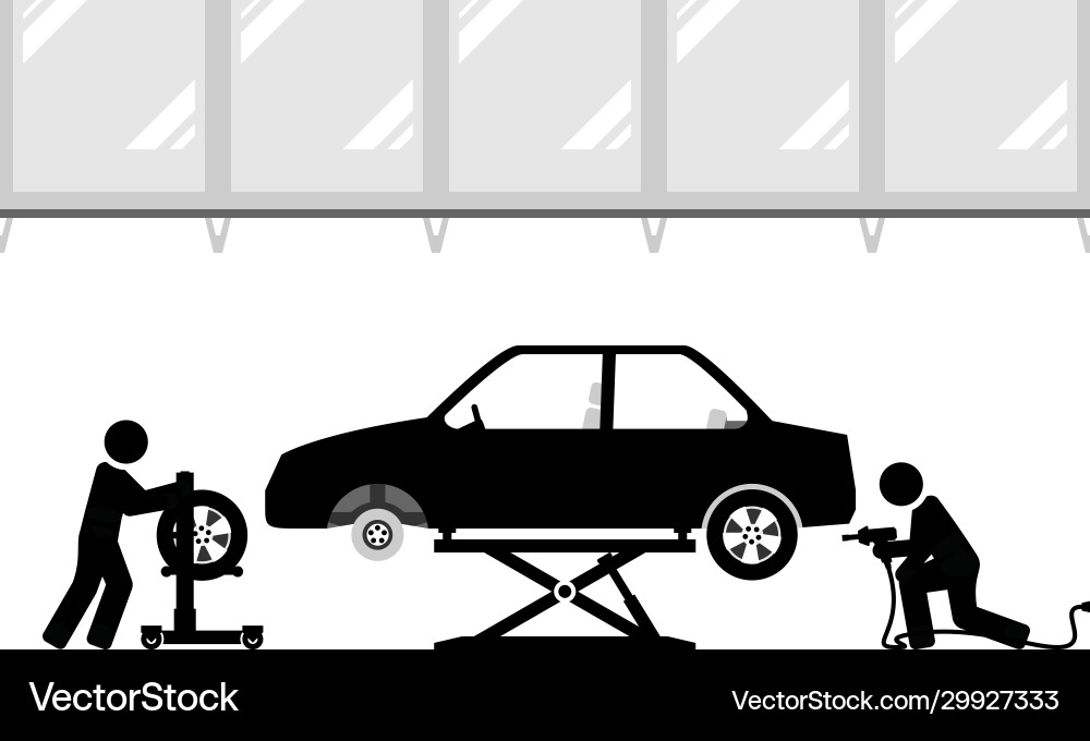 Changing tires in modern workshop Royalty Free Vector Image