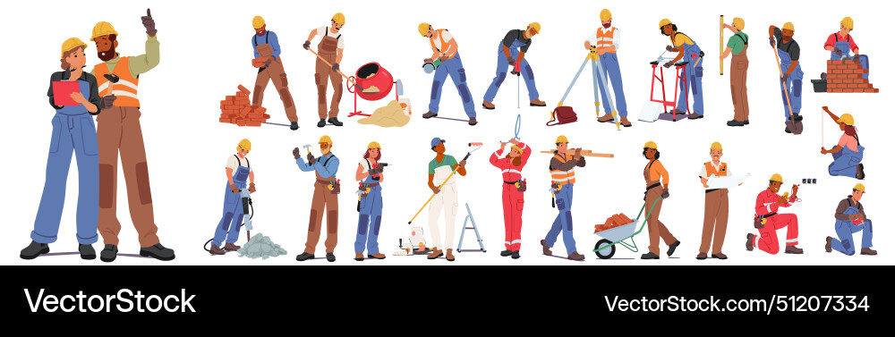Diverse group of builders engaged in construction Vector Image