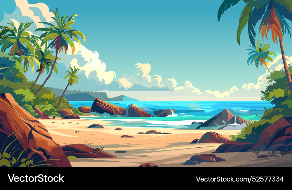 Sea coast background beach palms rocks waves Vector Image