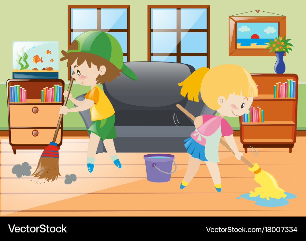 Two kids mopping and sweeping floor Royalty Free Vector