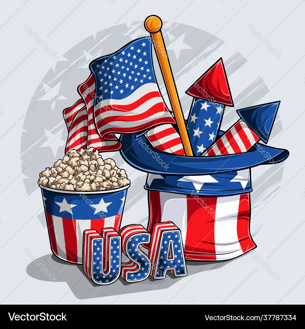 Uncle sam hat fireworks and popcorn Royalty Free Vector