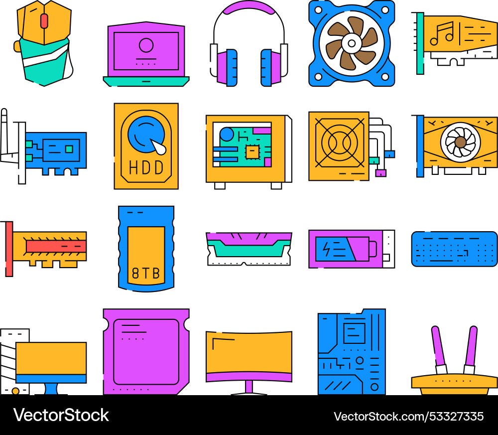Computer accessories and parts icons set Vector Image
