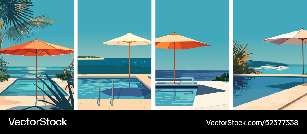 Sun umbrella with pool and sea posters set warm Vector Image