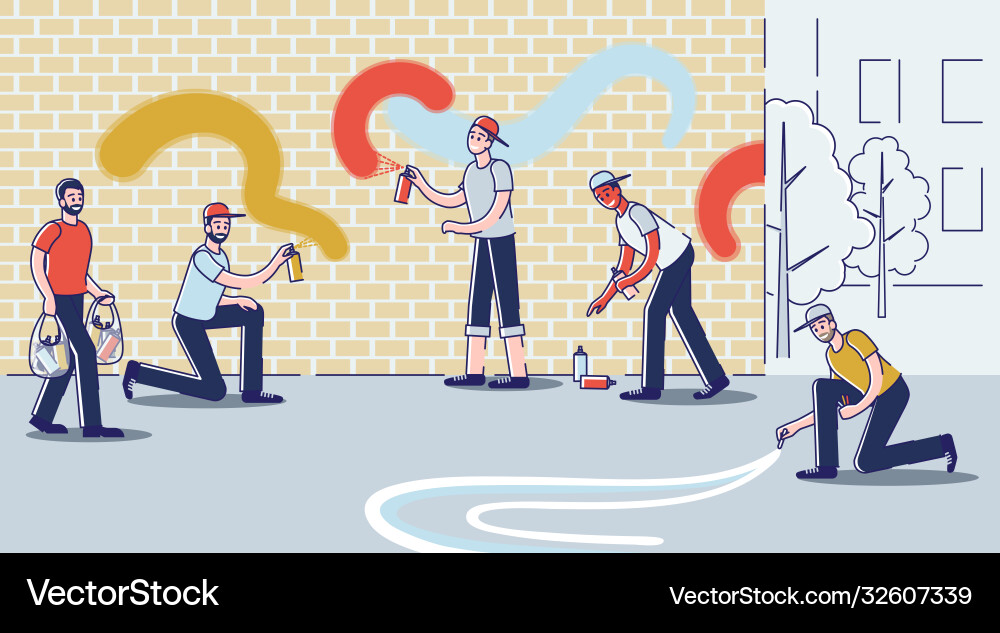Guys drawing graffiti on wall young Royalty Free Vector
