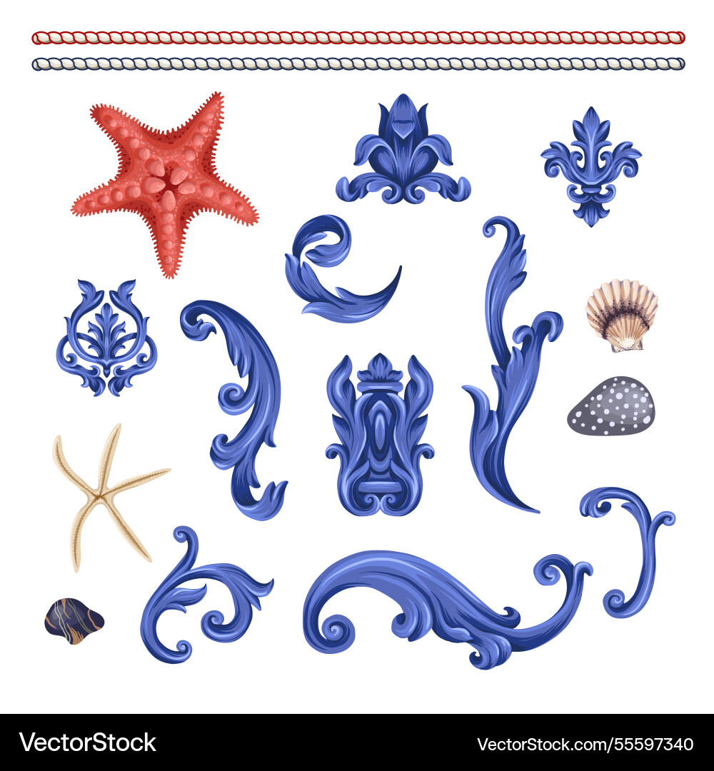 Baroque elements rope sea stars isolated Vector Image