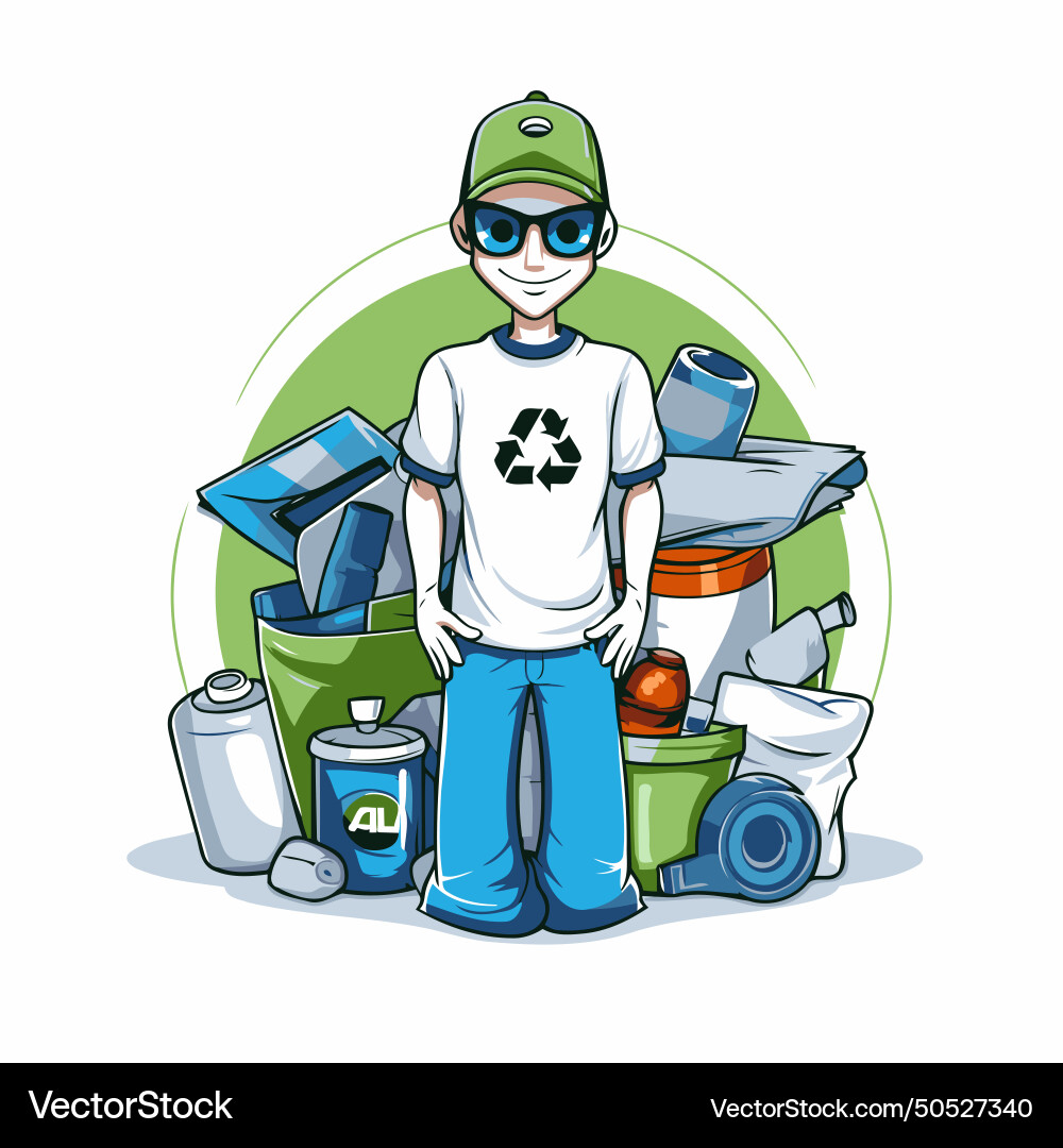 Volunteer man with garbage in cartoon style Vector Image