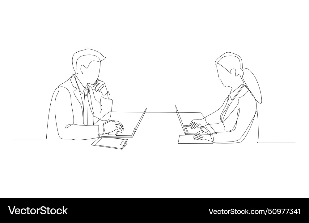Colleagues working with laptops on same table Vector Image