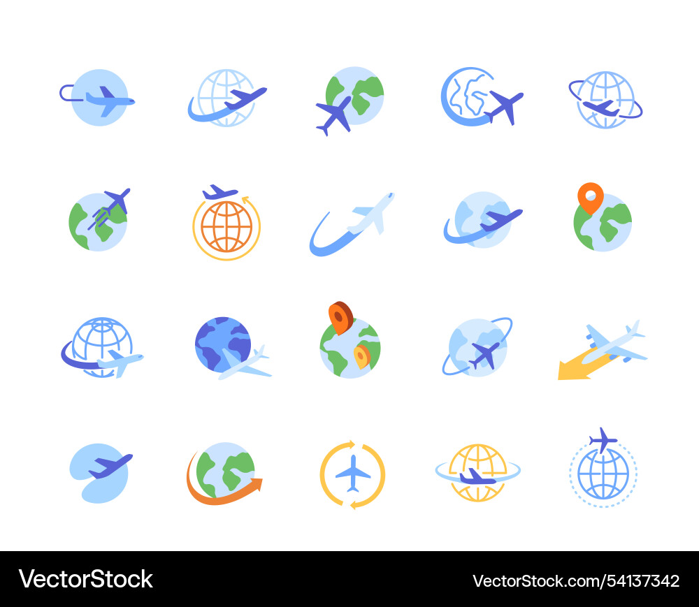A colorful icon set featuring globes Royalty Free Vector