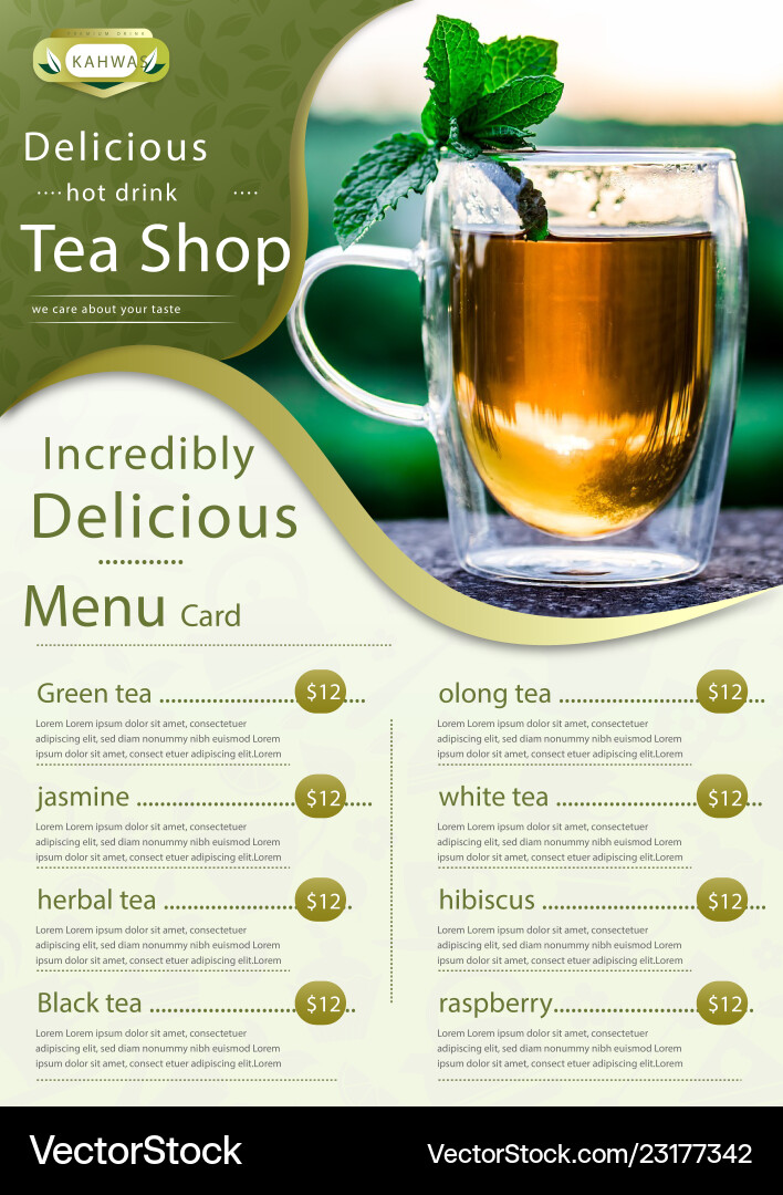 Delicious hot tea shop menu Royalty Free Vector Image