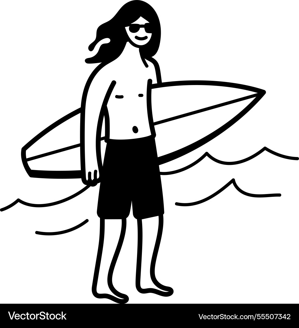 Surfing character icon in doodle style Royalty Free Vector