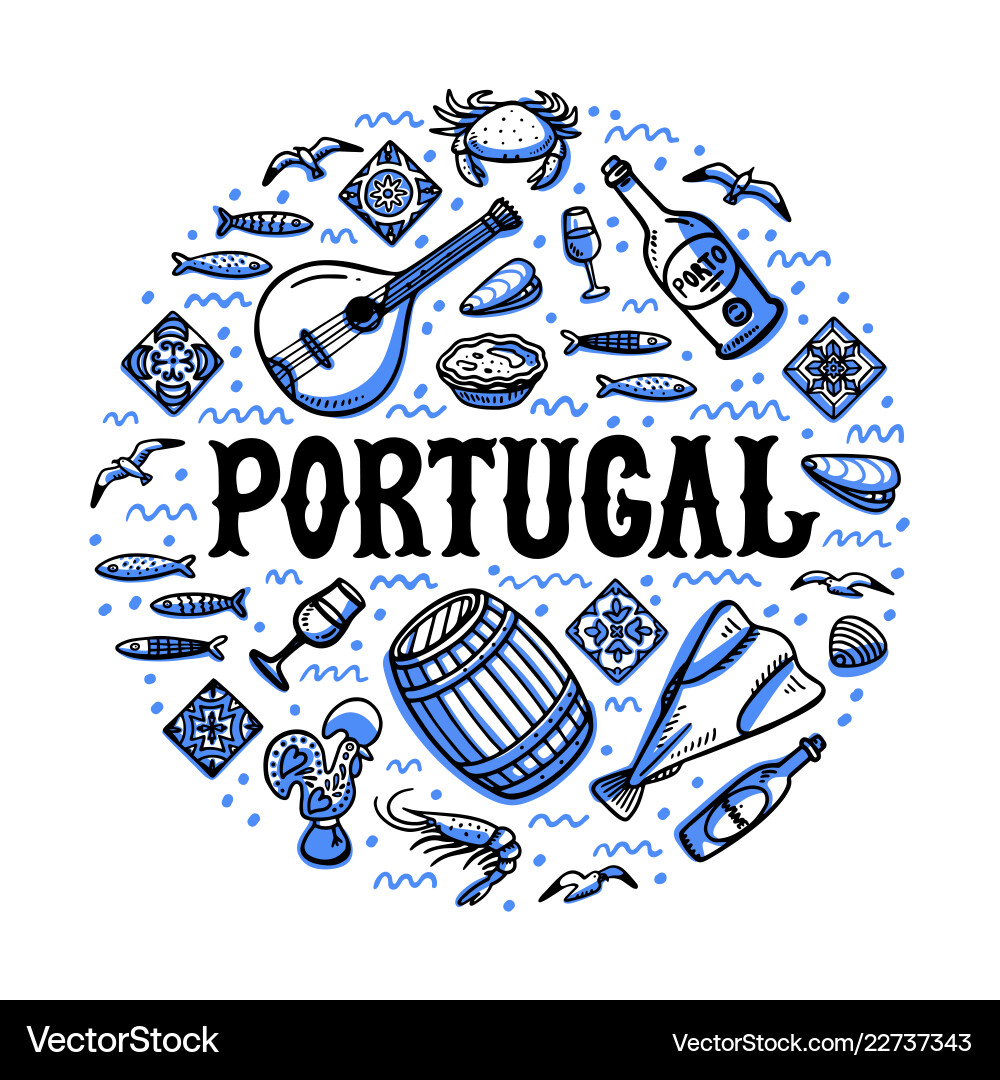 Portugal landmarks set handdrawn sketch style Vector Image