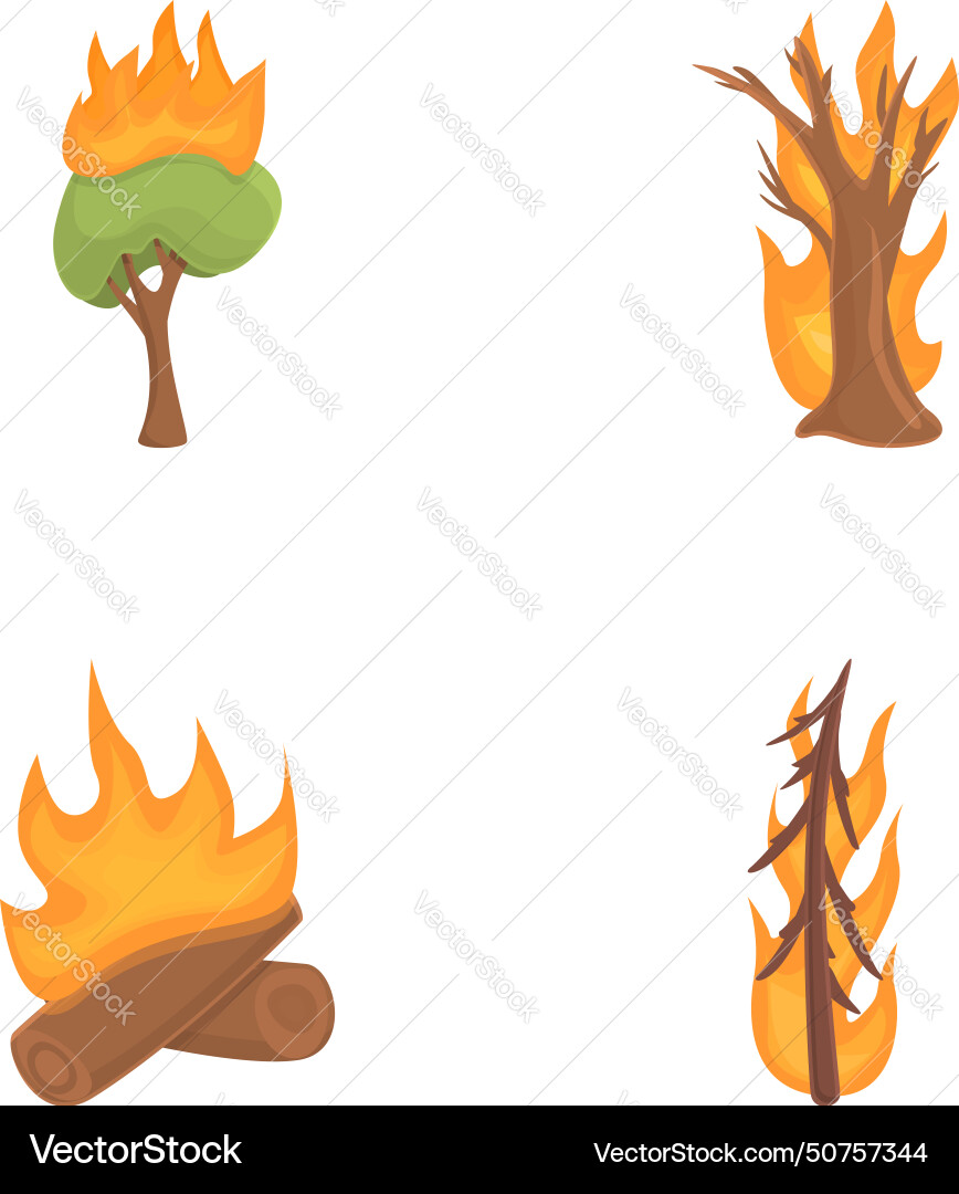 Burning tree icons set cartoon Royalty Free Vector Image