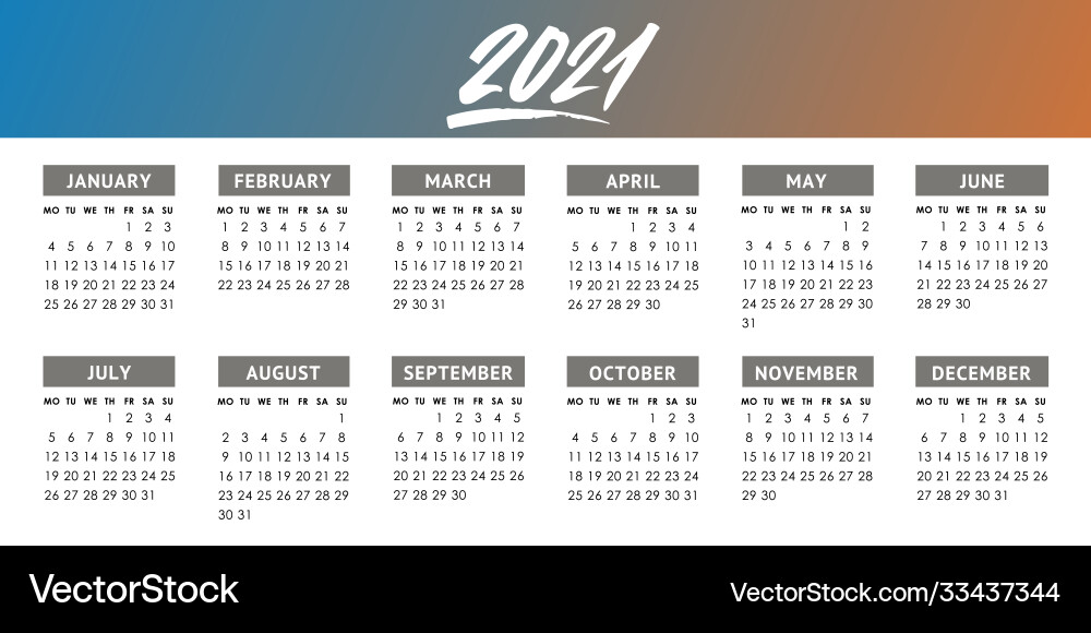 Calendar for 2021 year week starts monday Vector Image