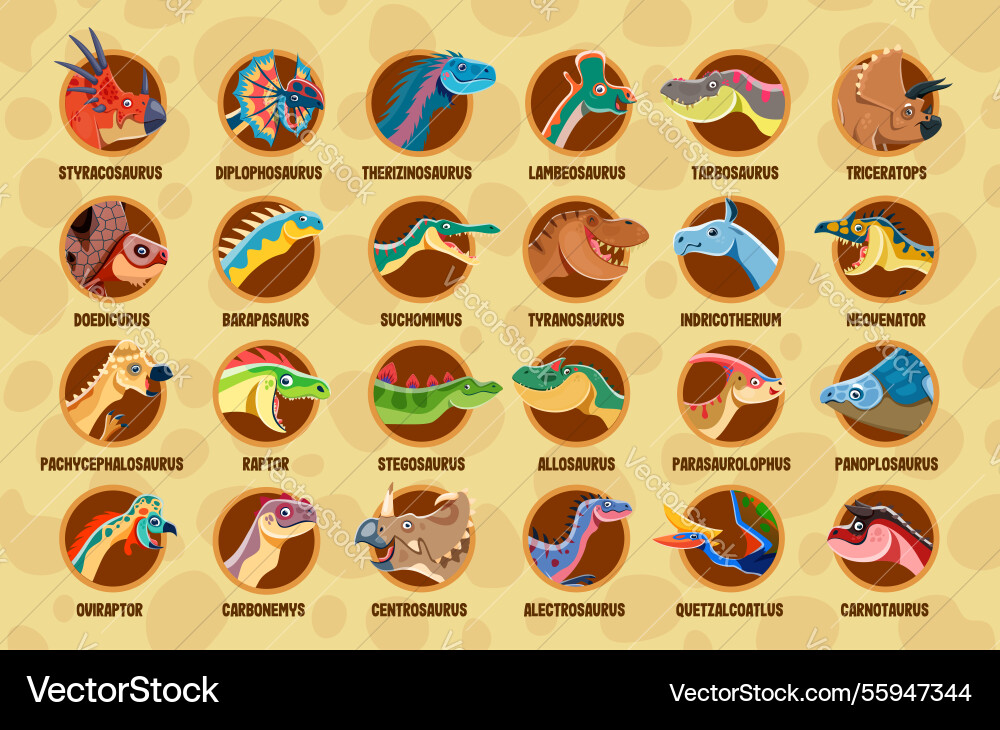 Prehistoric dinosaurs names and jurassic lizards Vector Image