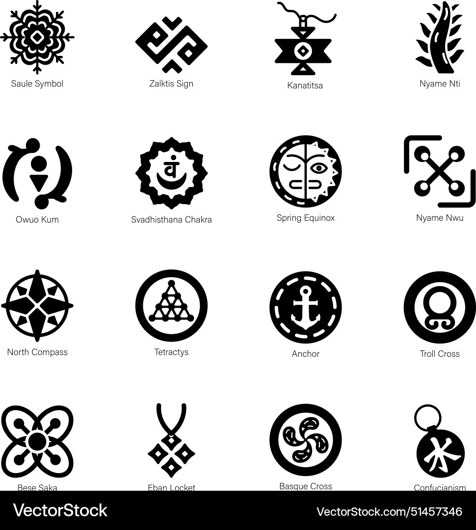 Bundle of spiritual ancient signs solid icons Vector Image