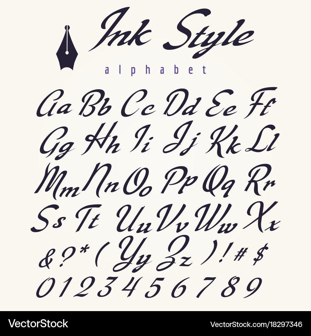 Ink style alphabet retro script letters Royalty Free Vector