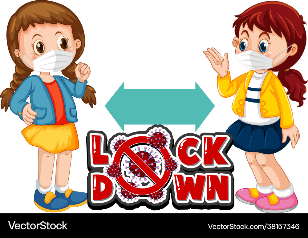 Lockdown font in cartoon style with two kids Vector Image