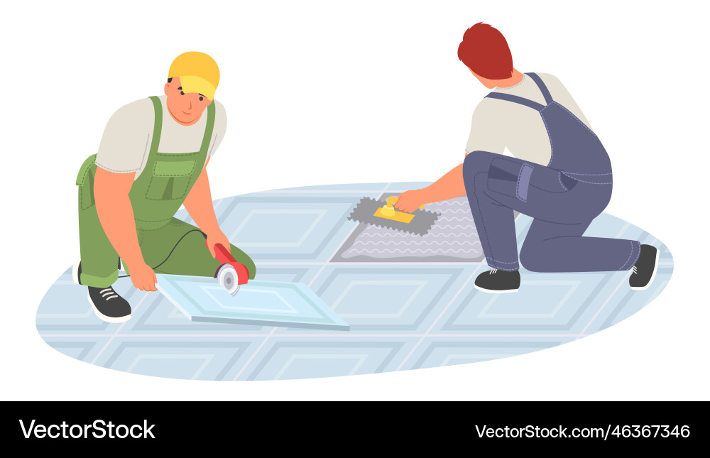 Two tiler workman putting ceramic tile Royalty Free Vector