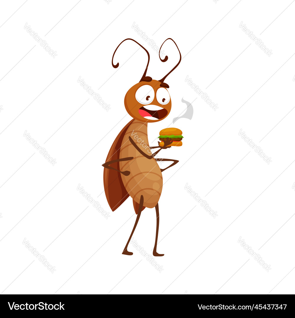 Cartoon cockroach character eating burger bug Vector Image