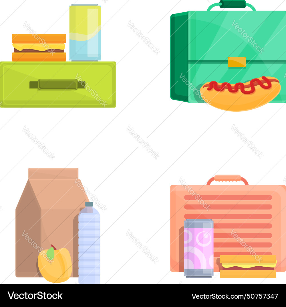 School lunch icons set cartoon container Vector Image