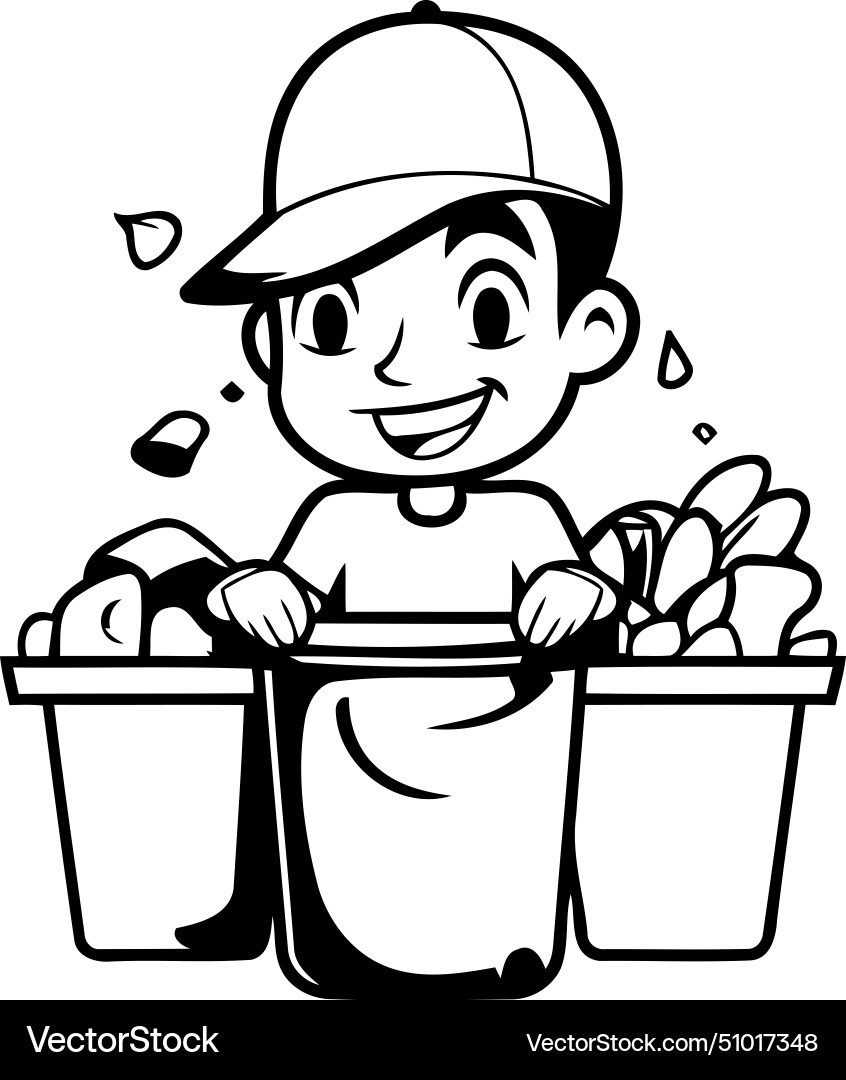 Cleaning service man dustbin cartoon Royalty Free Vector