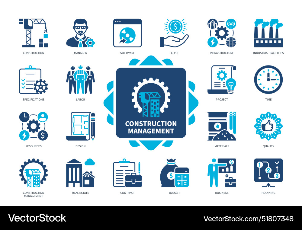 Construction management solid icon set Royalty Free Vector